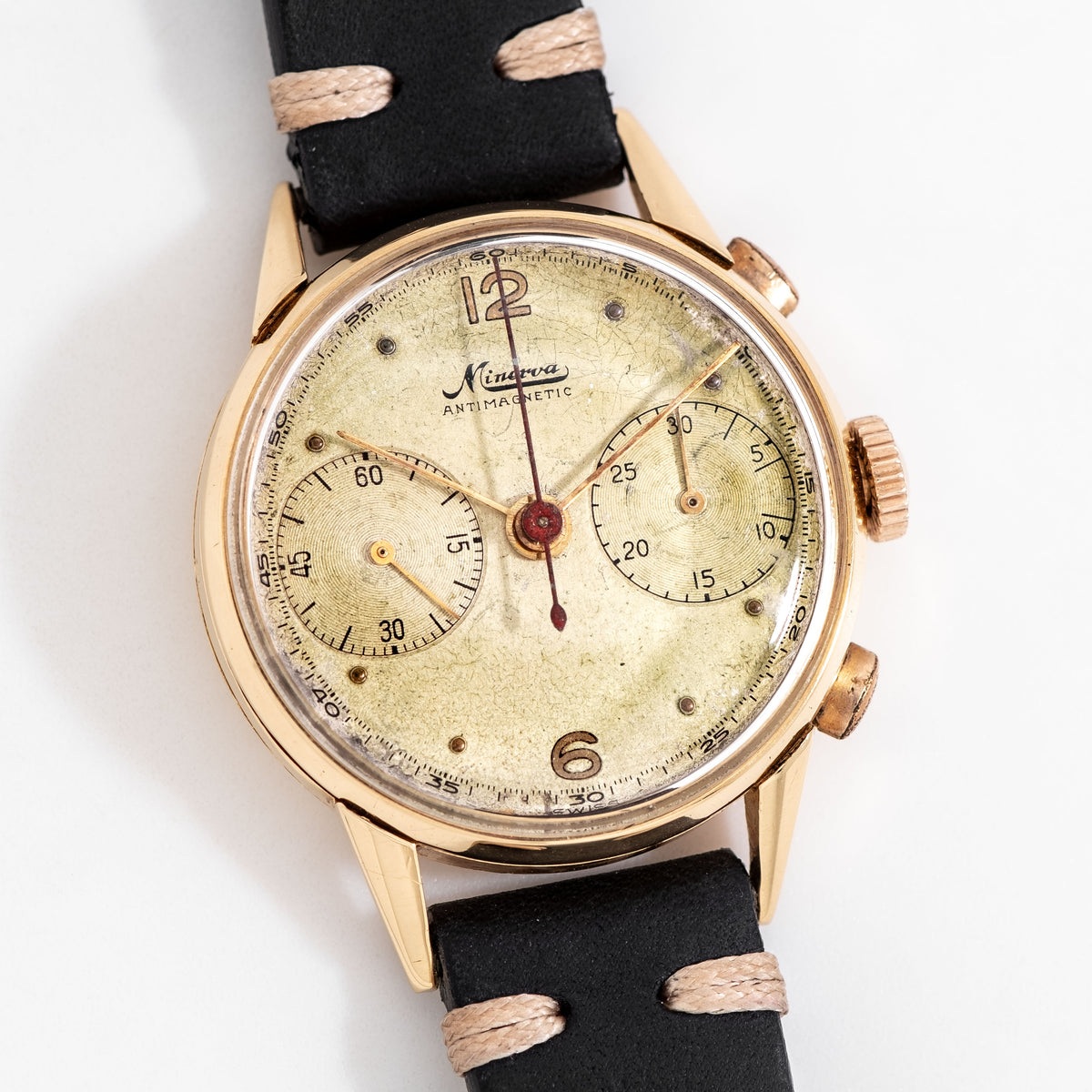 1940's Vintage Minerva Antimagnetic Chronograph Solid 18k Yellow Gold ...